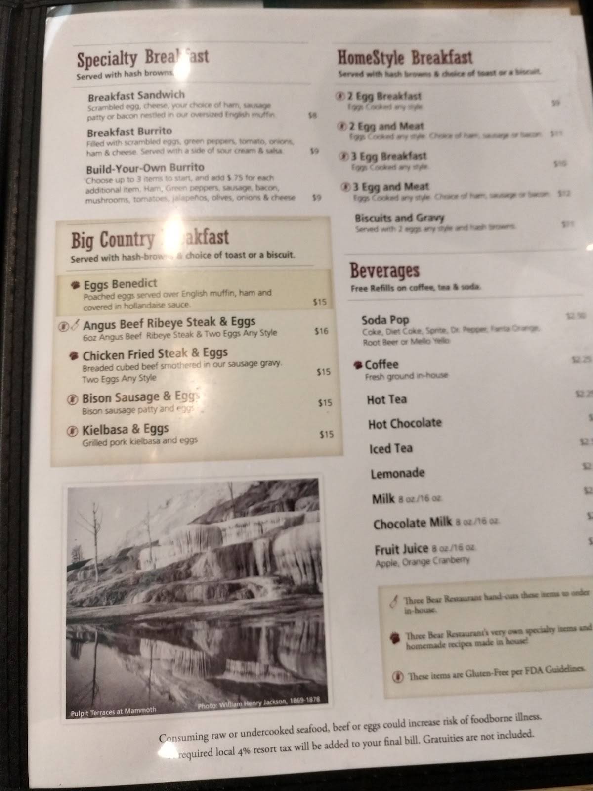 Menu at Three Bear Restaurant, West Yellowstone