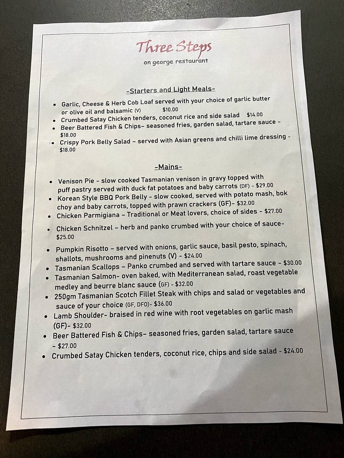 Menu at Three Steps On George restaurant, Launceston