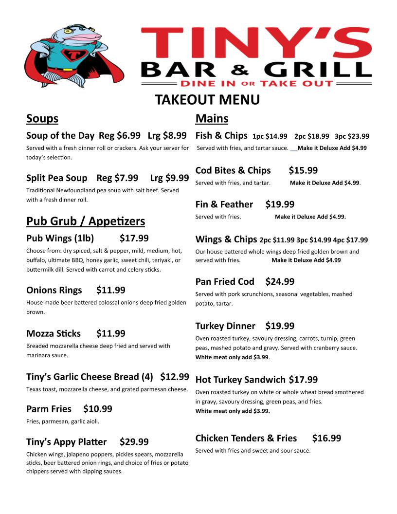 Menu at Tiny's Bar and Grill, Paradise, Paradise