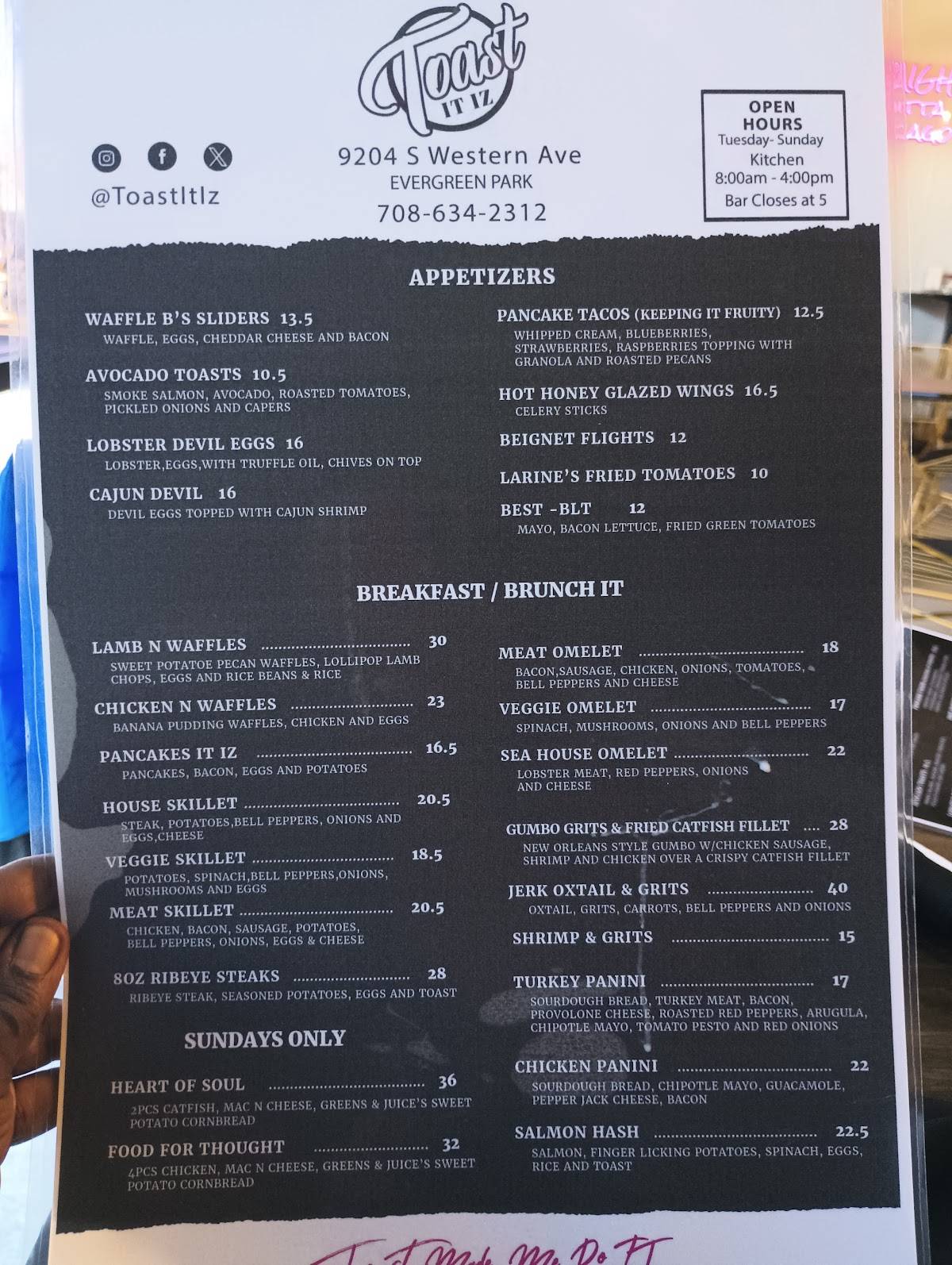 Menu at Toast It IZ restaurant, Evergreen Park