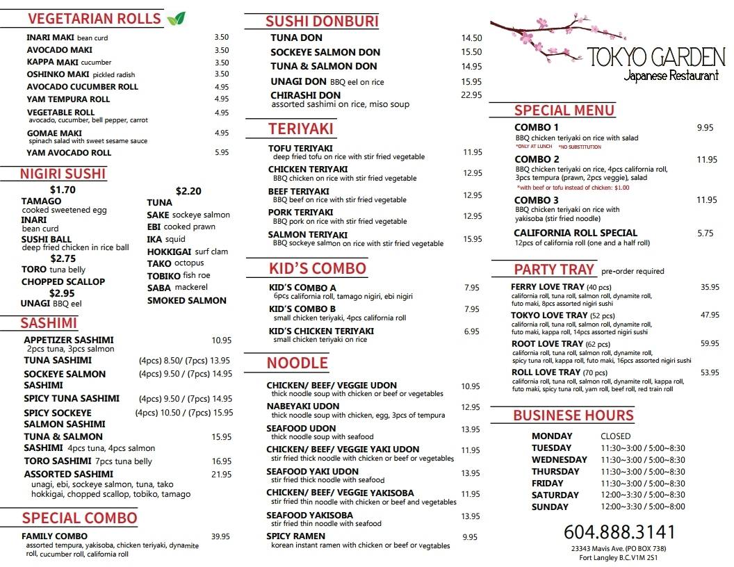Menu at Tokyo Garden Japanese Restaurant, Langley Township