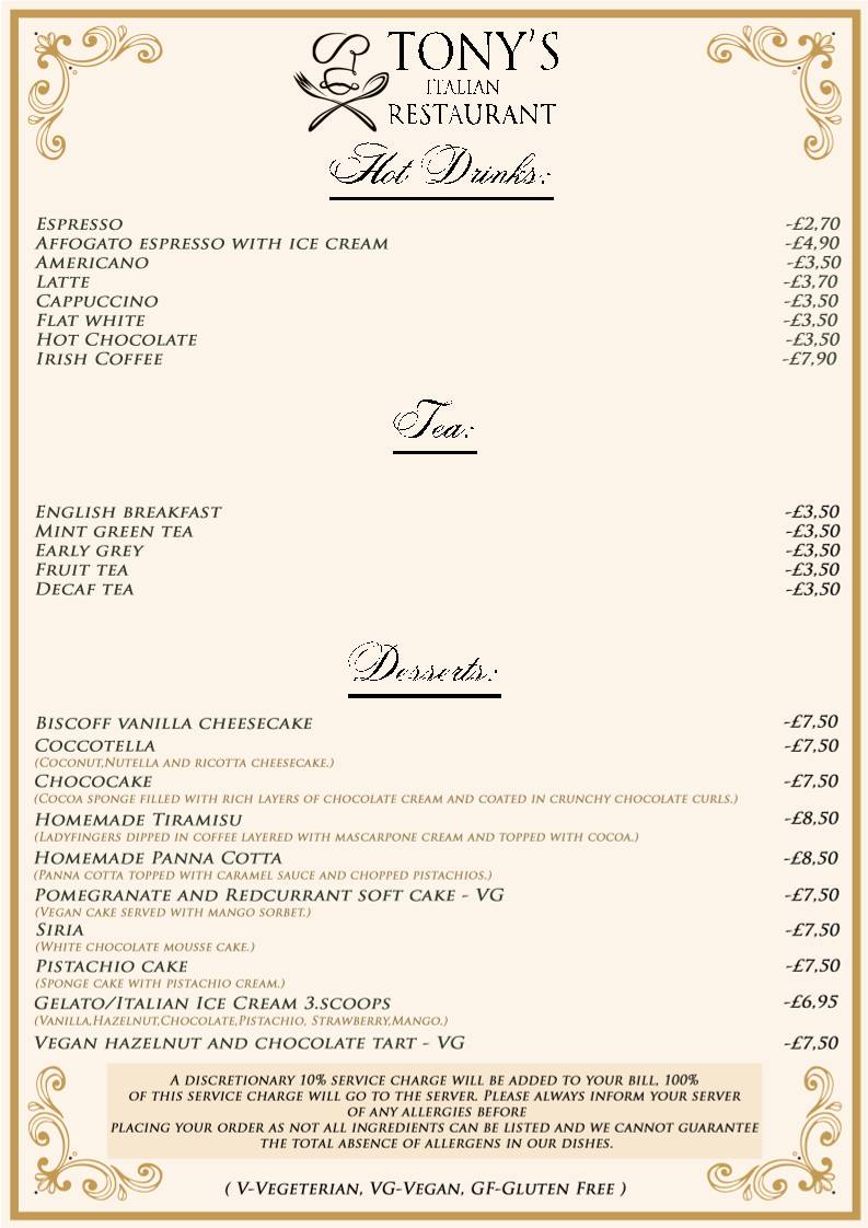 Menu at Tony's Italian Restaurant, Wickford