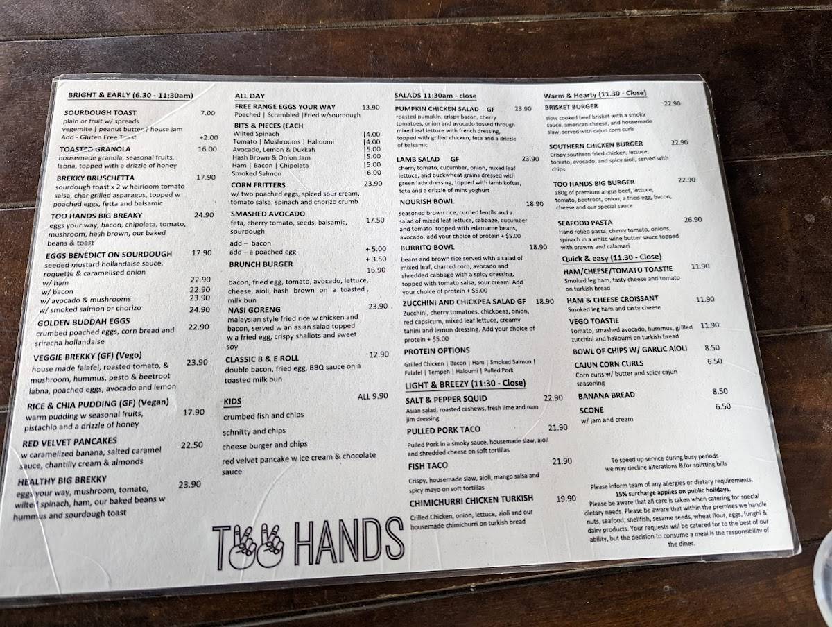 Menu at Too Hands restaurant, New Lambton