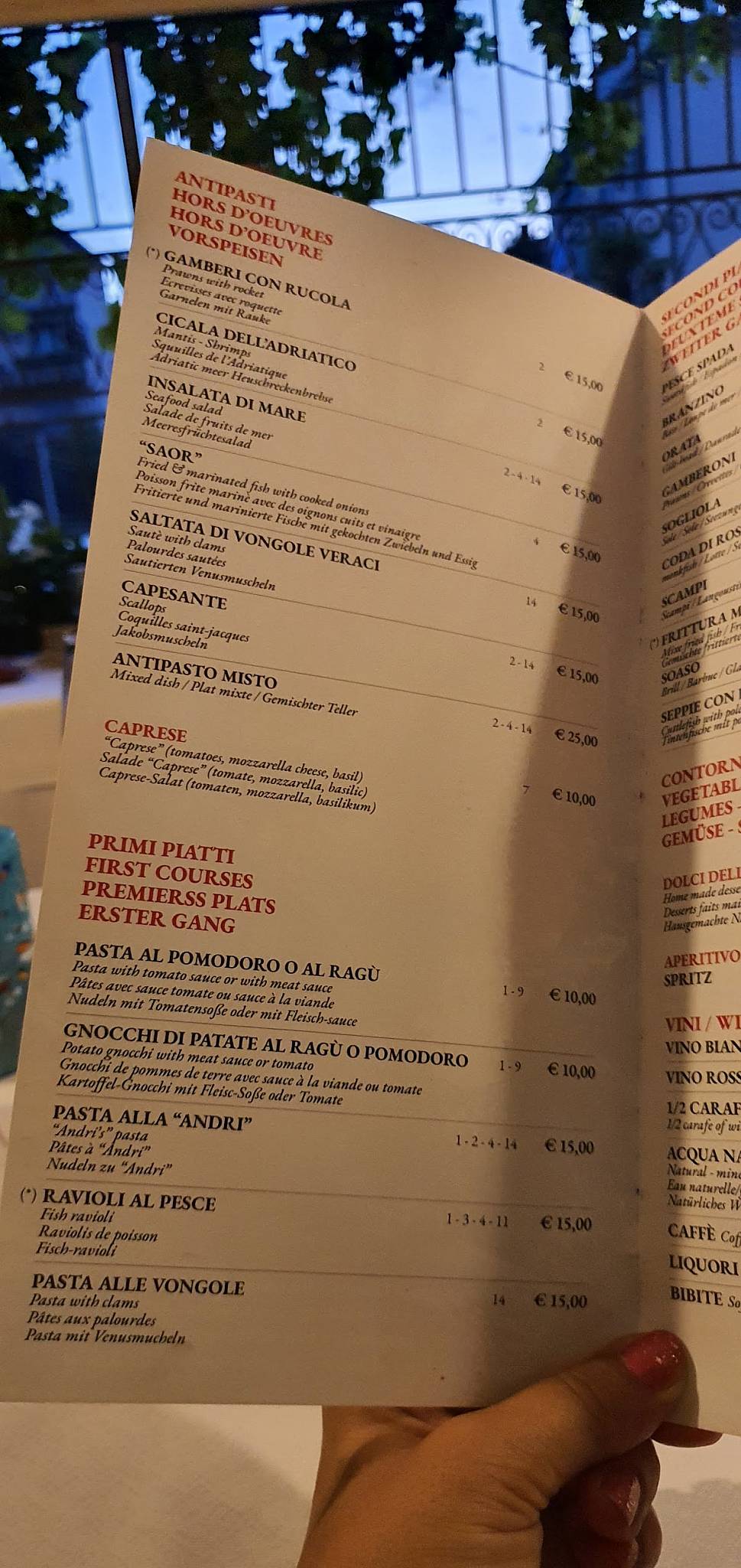 Menu at Trattoria Andri restaurant, Venice