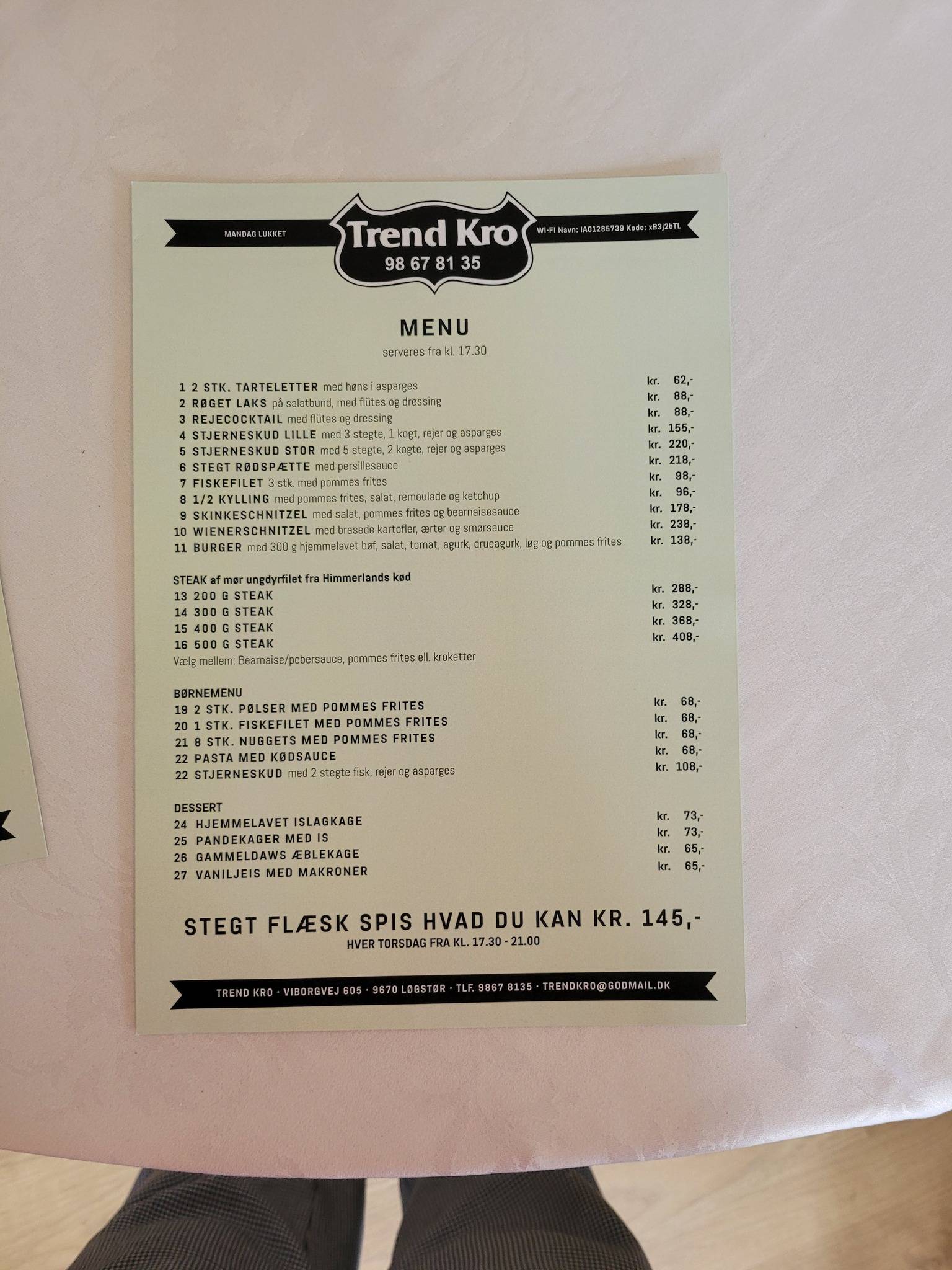 Menu at Trend Kro restaurant, Logstor