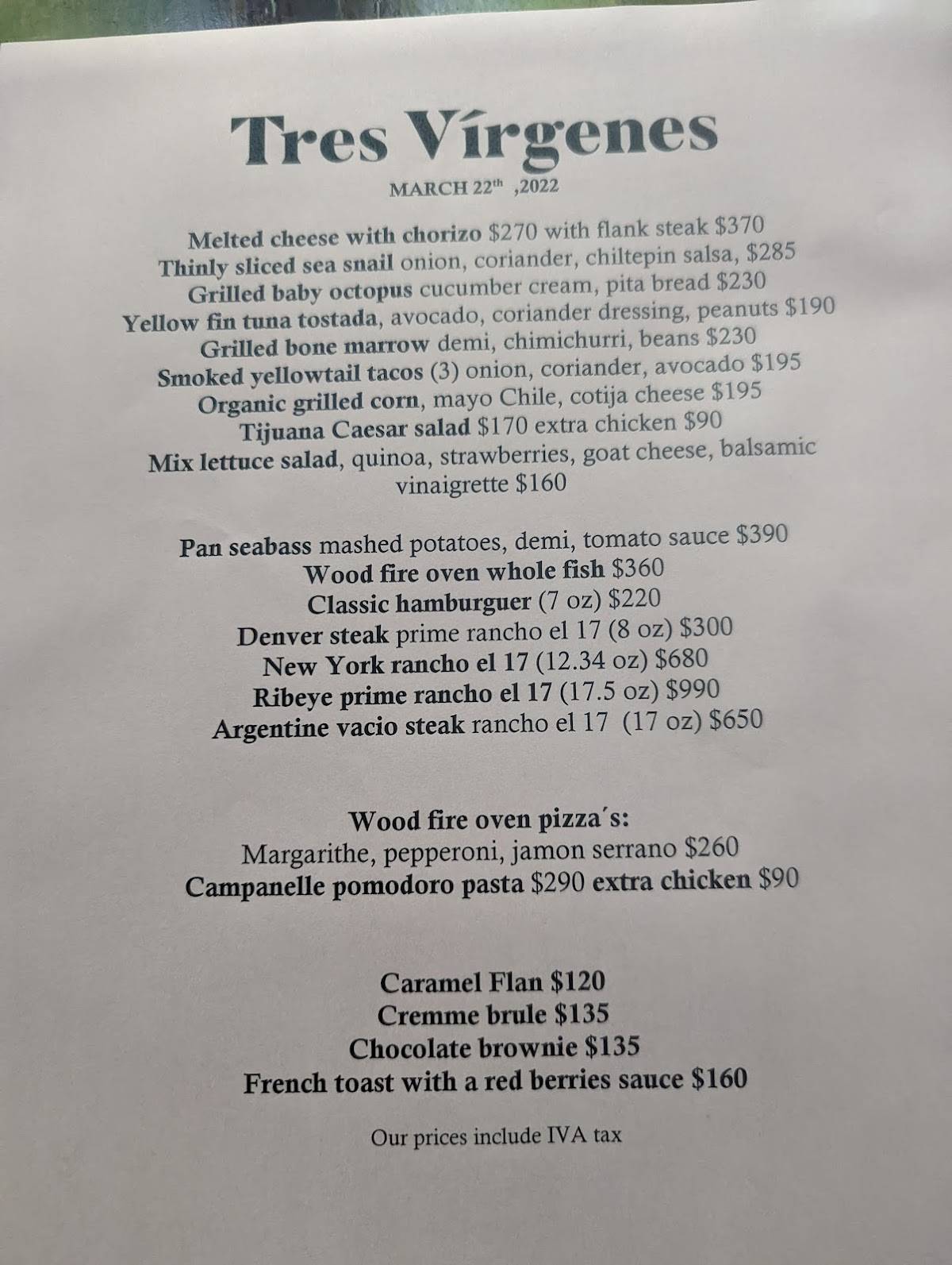 Carta del restaurante Tres Virgenes, La Paz