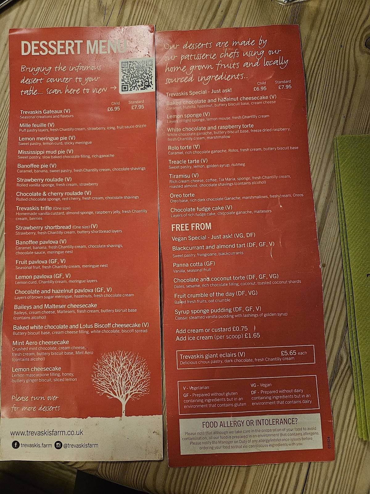 Menu at Trevaskis Farm restaurant, Gwinear-Gwithian