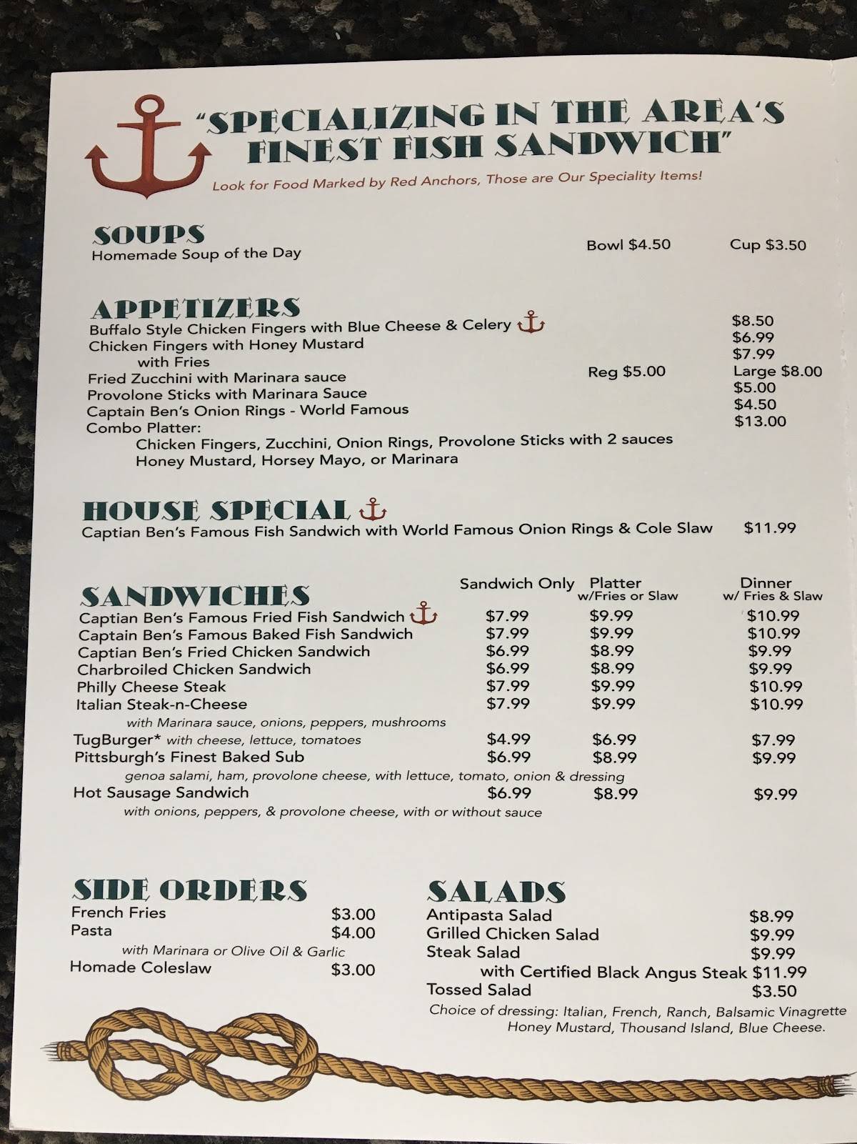 Menu at Tugboat’s restaurant, East Pittsburgh
