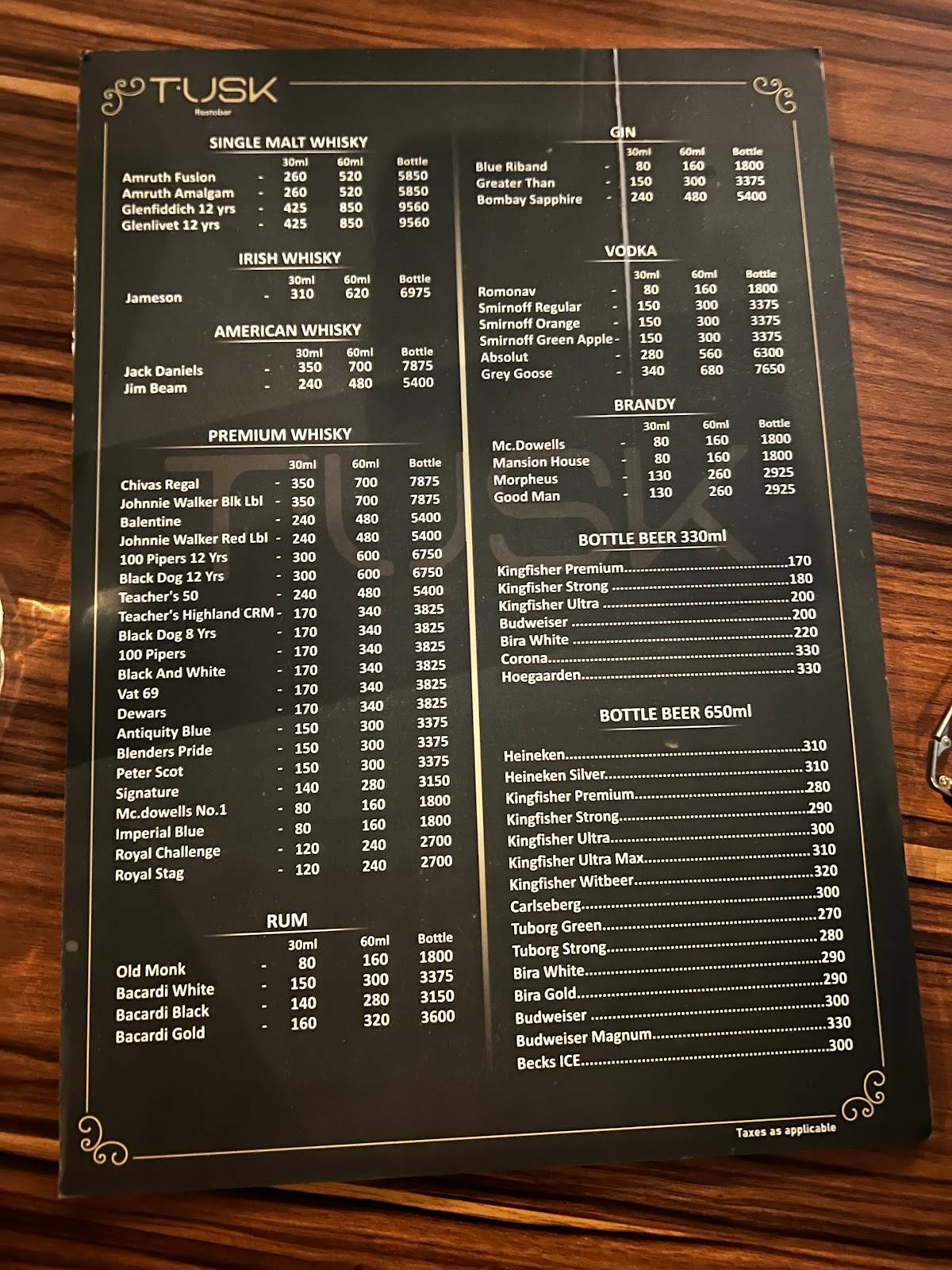 Menu at Tusk Restobar, Mysuru
