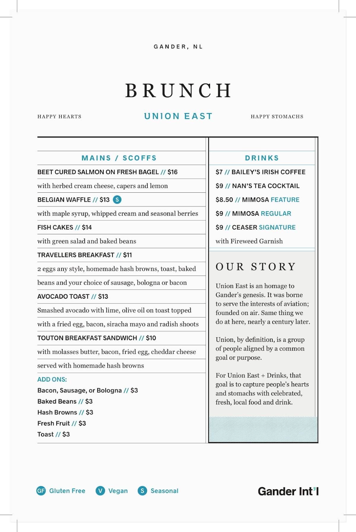 Menu at Union East & Drinks restaurant, Gander