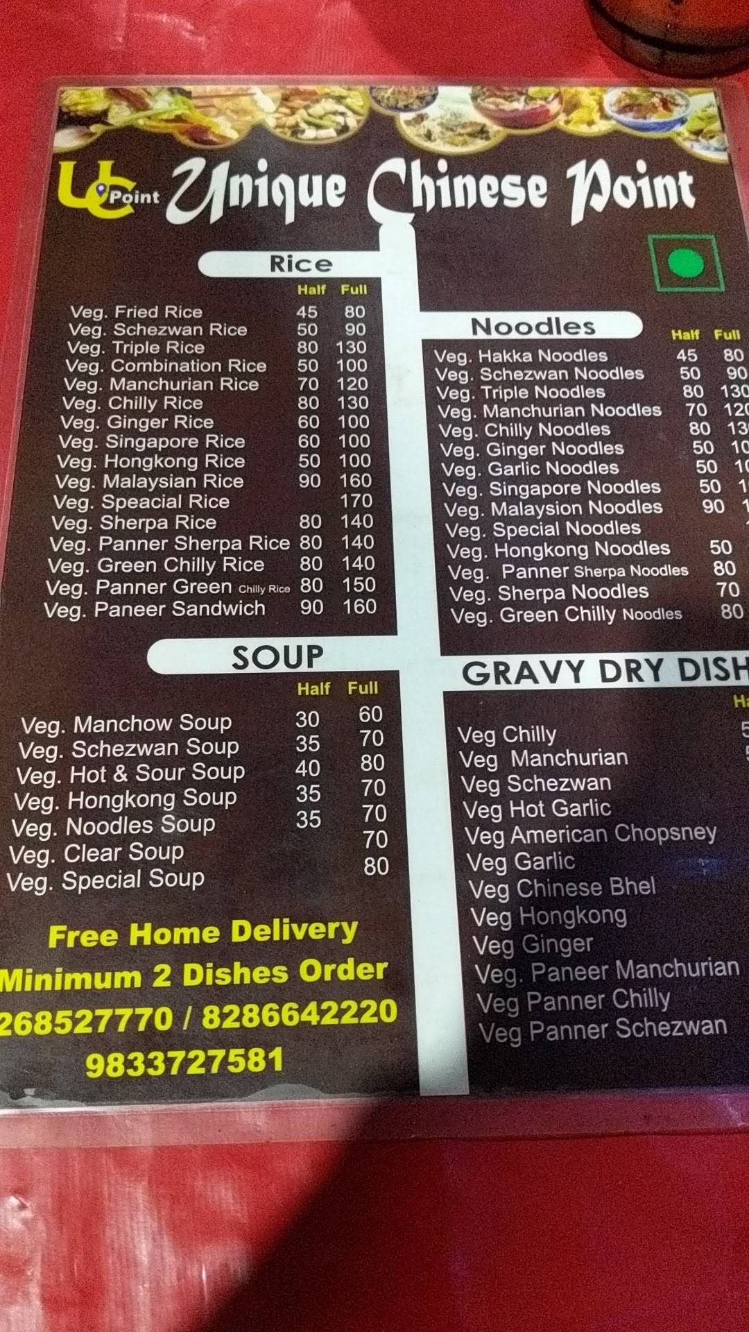 Menu at Unique Chinese Point, Mumbai