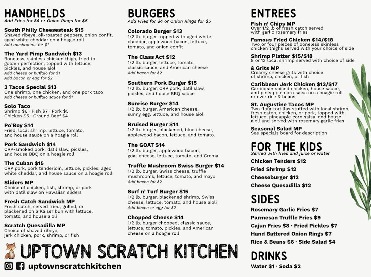 Menu at Uptown Scratch Kitchen restaurant, St. Augustine, 509 S Ponce ...