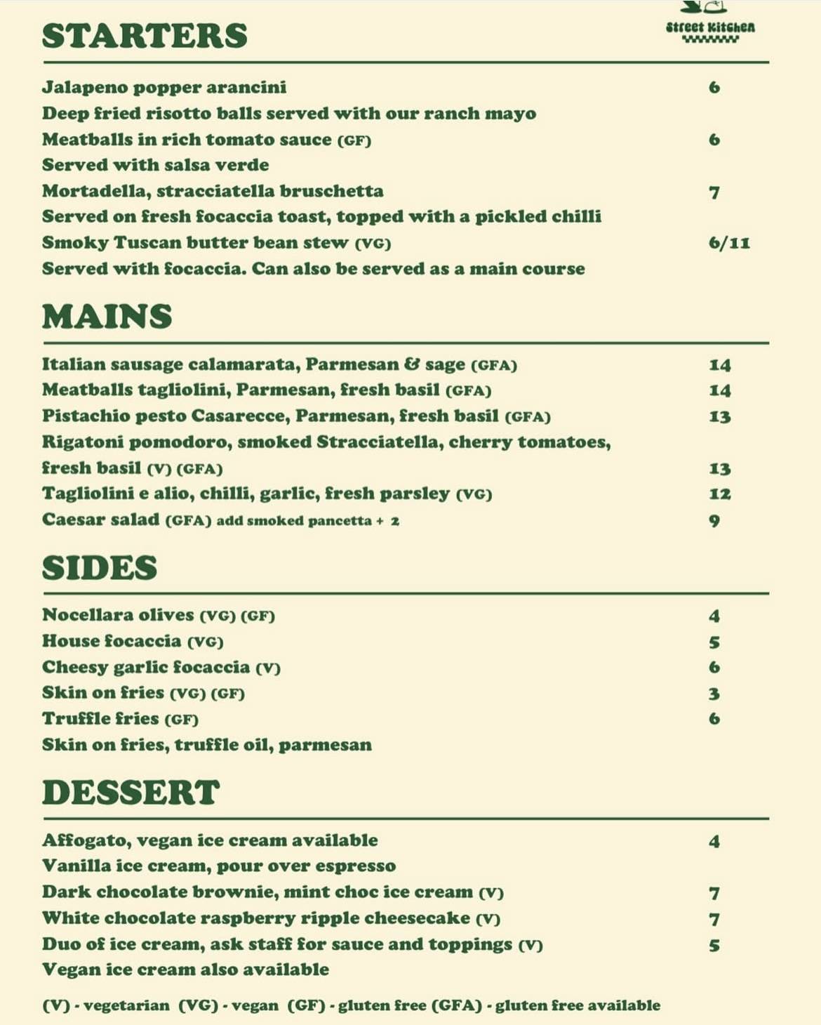 Menu at Vale street kitchen restaurant, Denbigh