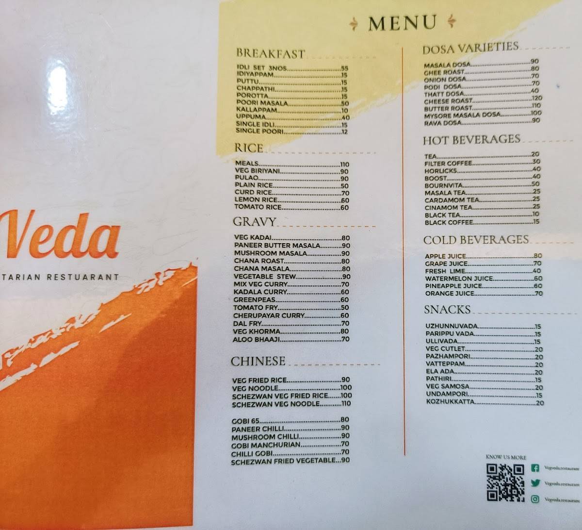 Menu at Veg Veda, Haripad