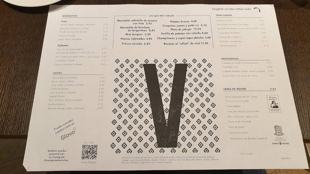 Carta del restaurante Vinitus, Madrid