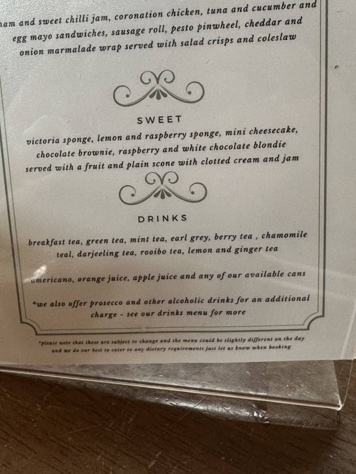 Menu at Vintage Birdcage Cakery on the Bridge restaurant, Charfield