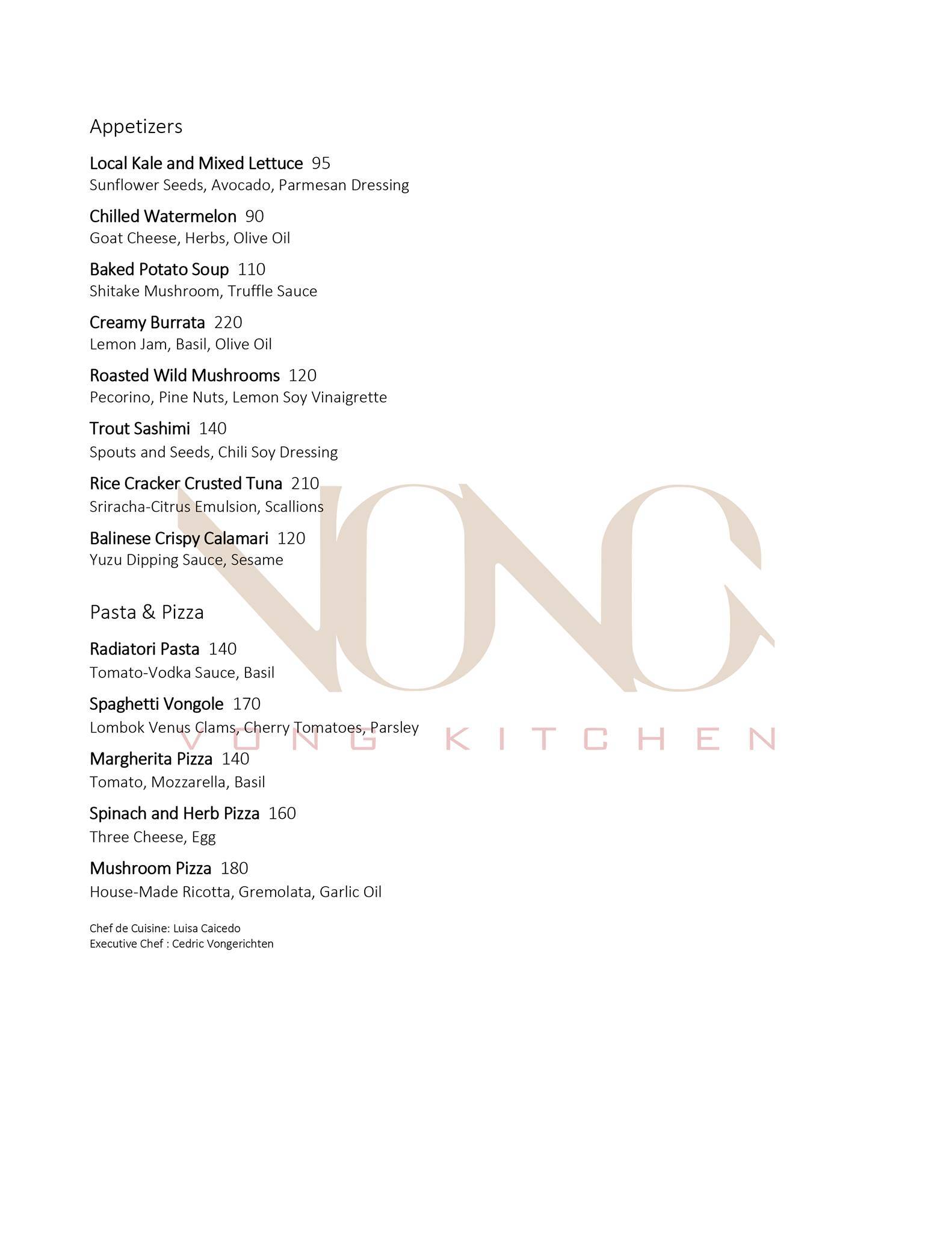 Menu at Vong Kitchen restaurant, Jakarta
