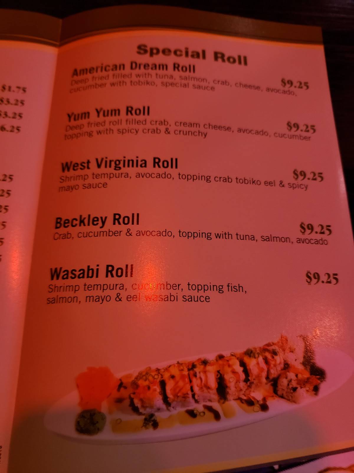 Menu at Wasabi Fusion restaurant, Beckley