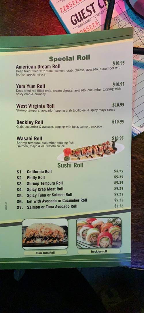 Menu at Wasabi Fusion restaurant, Beckley