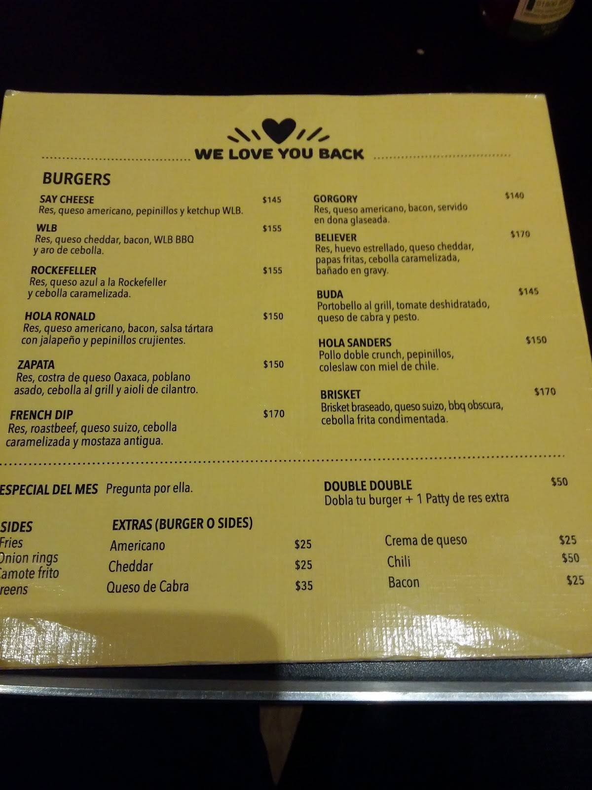 Carta del restaurante We Love Burgers, Ciudad López Mateos, C. Río ...