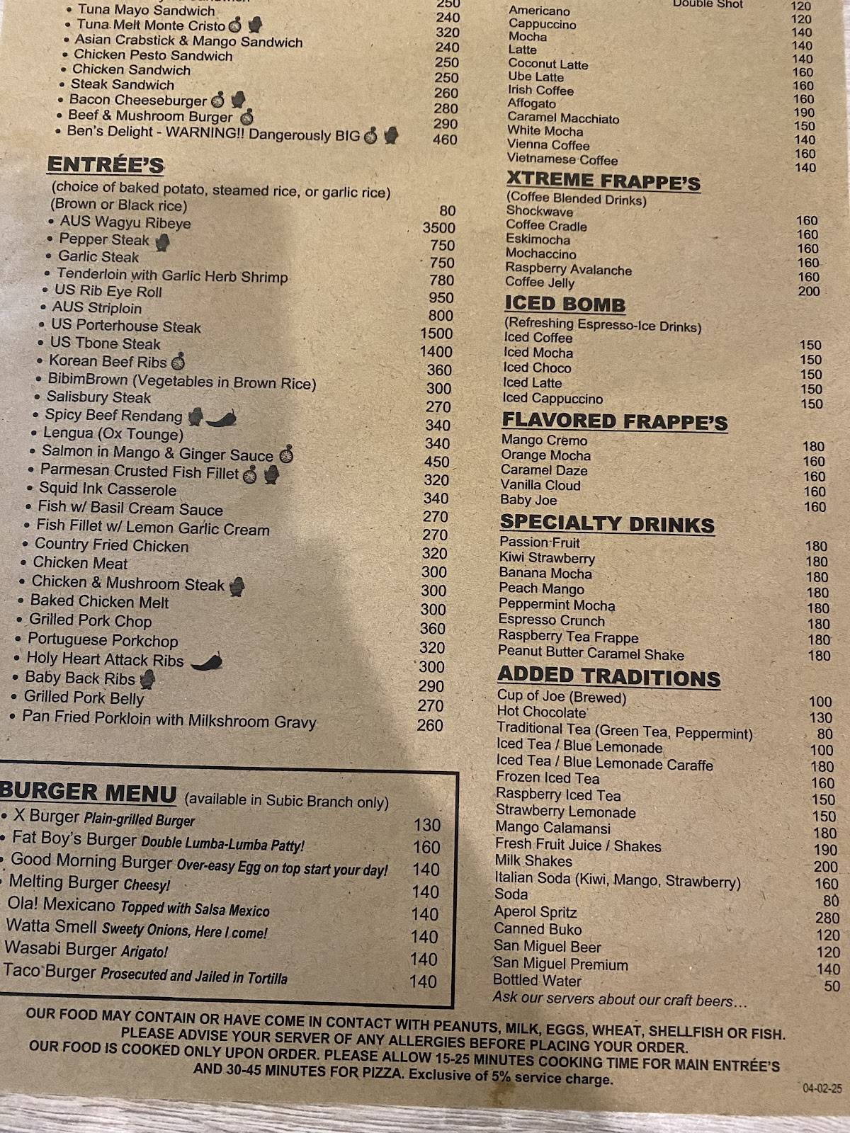 Menu at Xtremely Xpresso Cafe, Olongapo, #1 Dewey Avenue Subic Bay ...