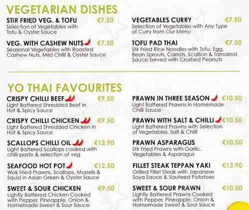 Menu at Yo Thai restaurant, Dublin, Kielys of Mt Merrion Deerpark Road