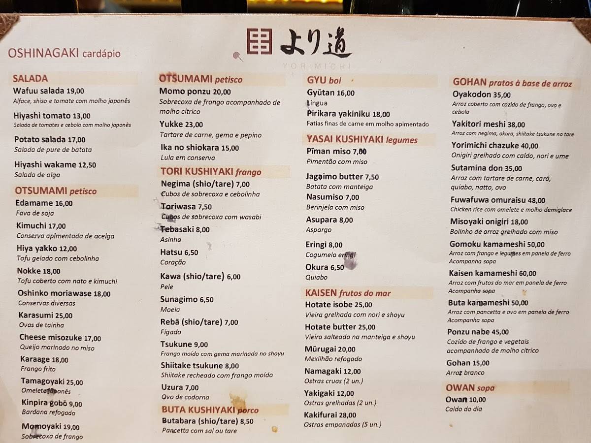 Menu at Yorimichi Izakaya restaurant, São Paulo