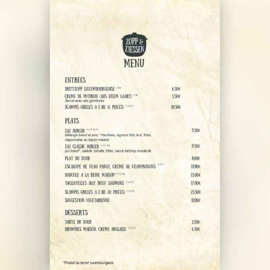 Menu at Restaurant Zopp & Z'Iessen, Contern