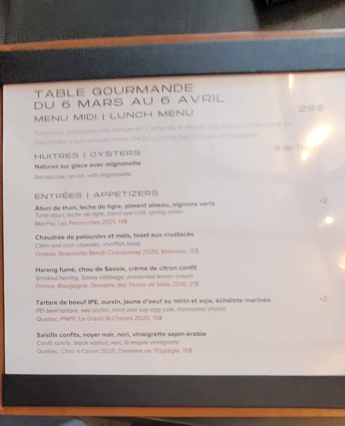 Menu at Restaurant h3, Montréal