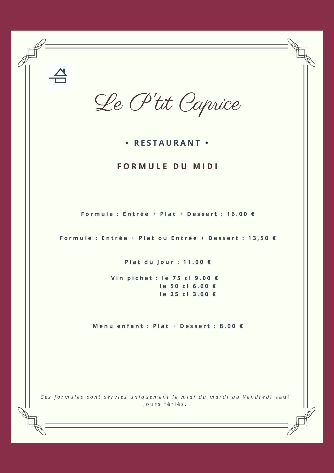 Menu au Le P'tit Caprice restaurant, Vouhé