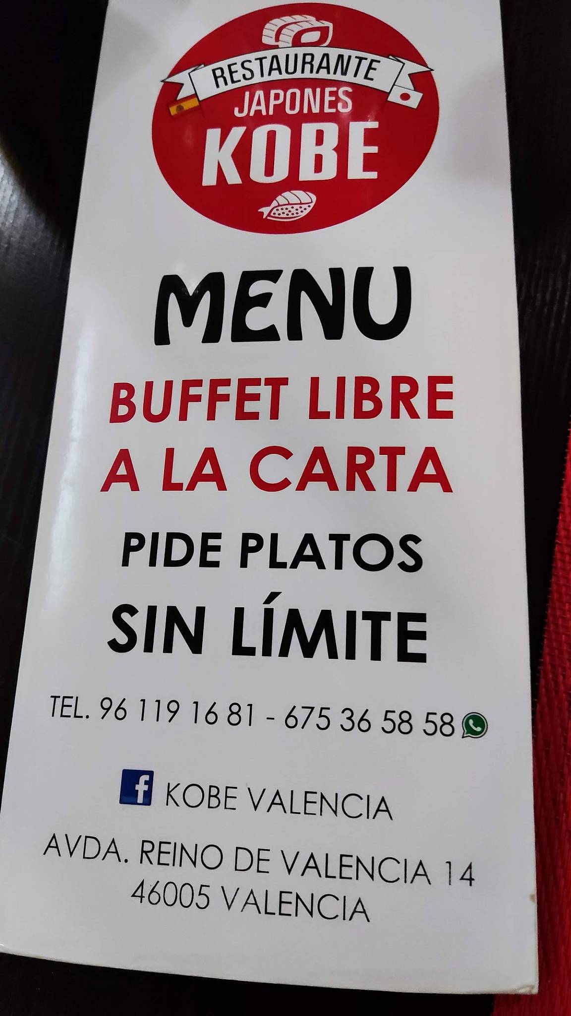 Carta de restaurante japones KOBE, Valencia