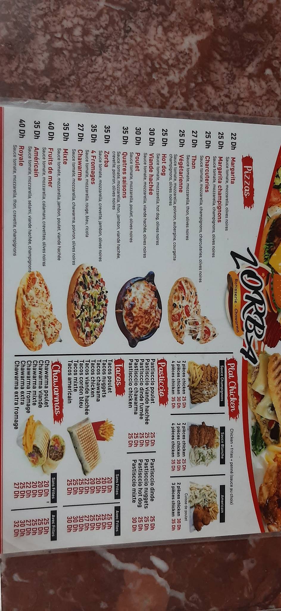 Menu au Restaurant zorba, Casablanca