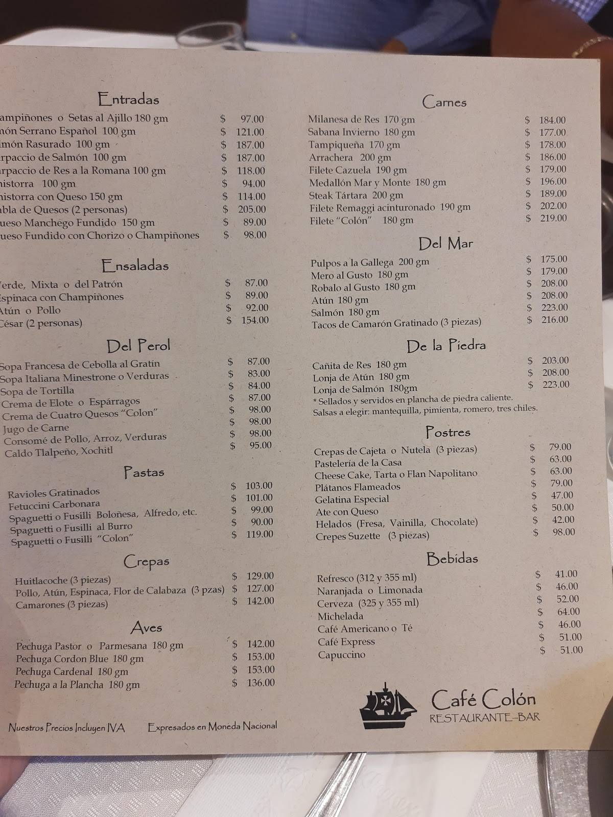 Carta de Café Colón, Ciudad de México