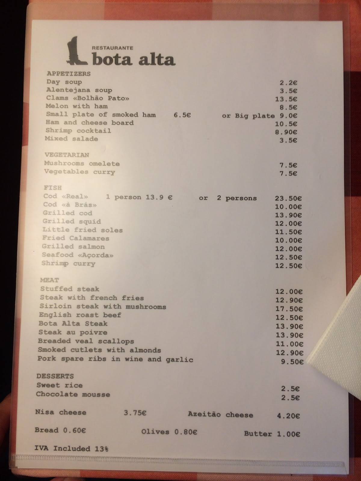 Menu at Restaurante Bota Alta, Lisbon