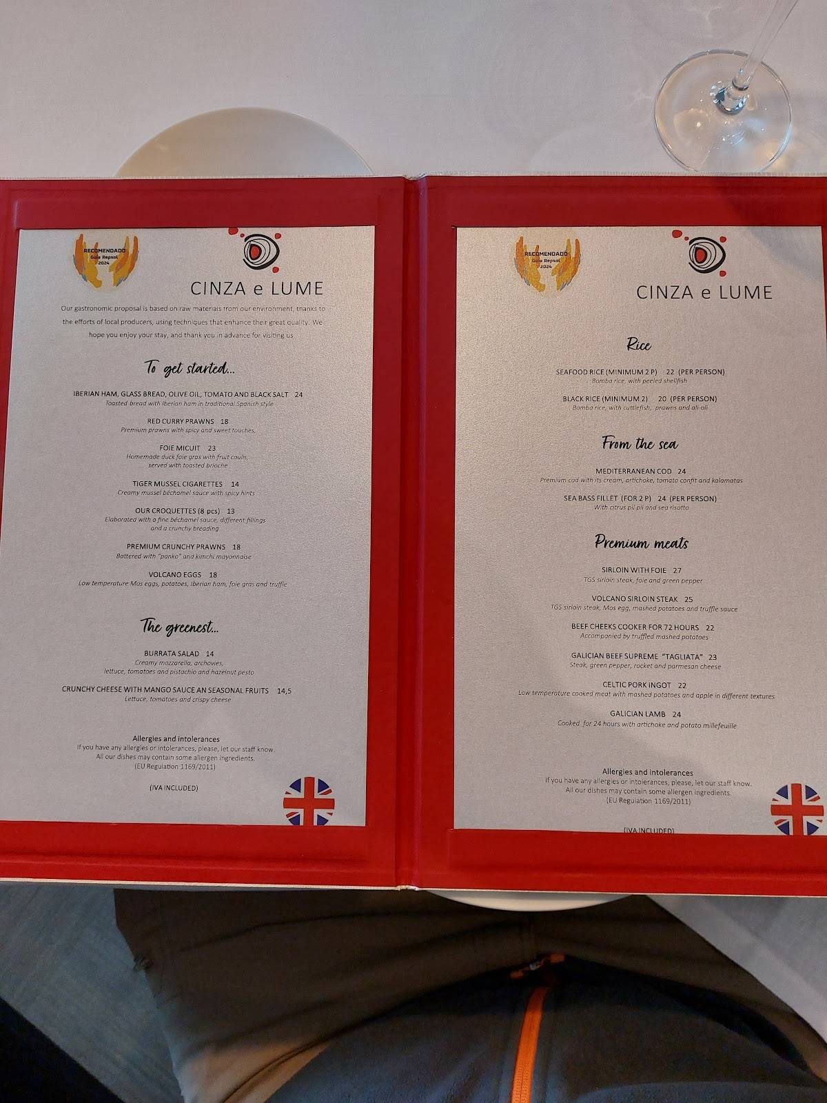 Carta de Restaurante Cinza e Lume, Sarria