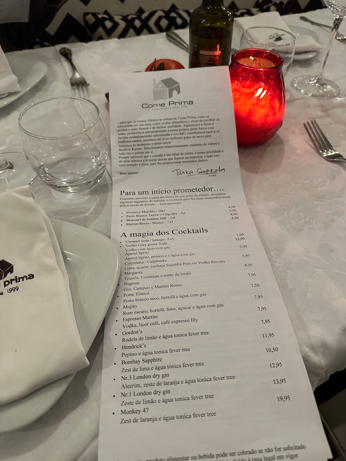 Menu at Restaurante Come Prima, Lisbon