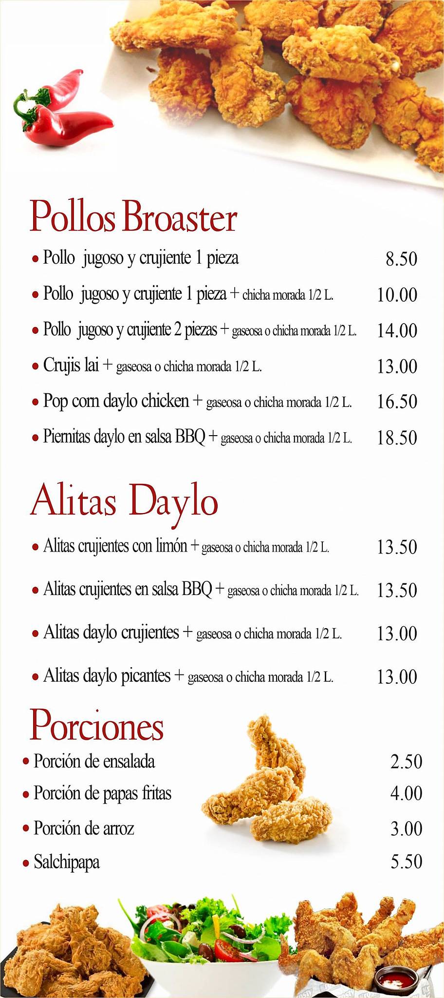 Carta del restaurante Daylo, Tarma
