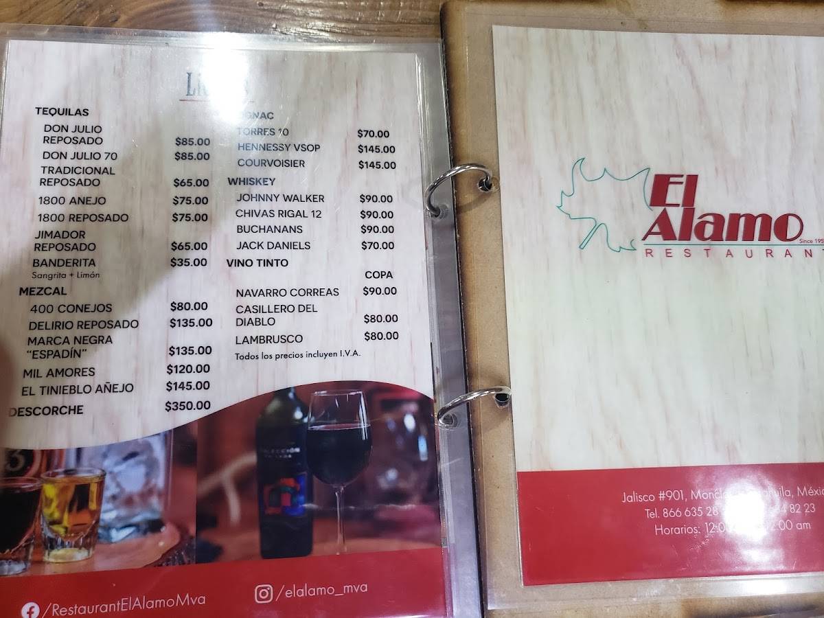 Carta de Restaurante El Álamo, Monclova
