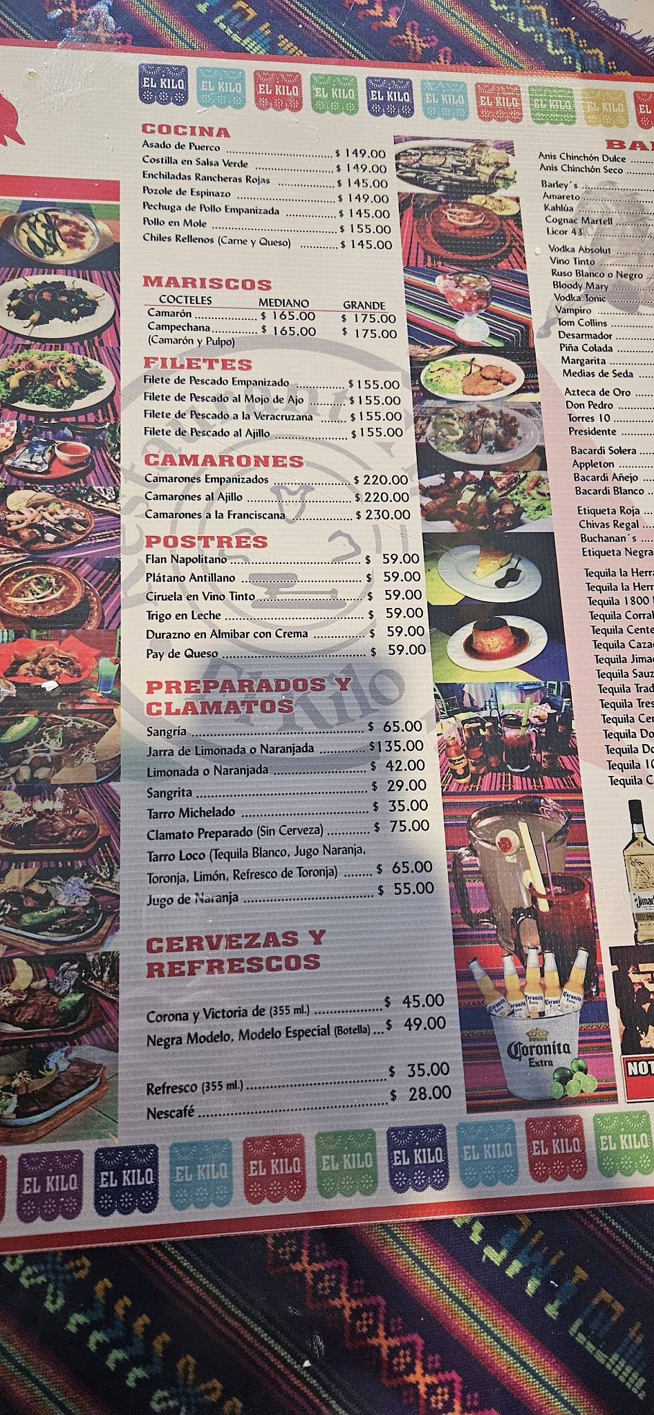 Carta de Restaurante El Kilo, Durango, Carretera