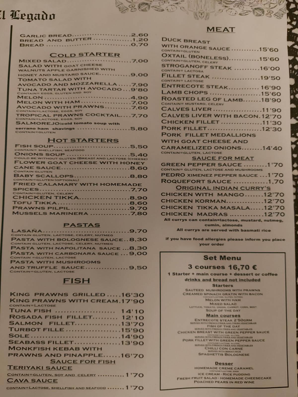 Menu at Restaurante El Legado, Cancelada