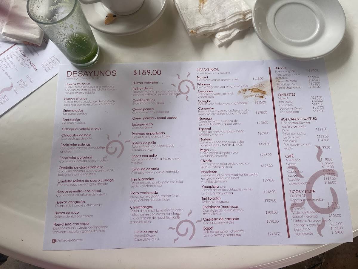 Carta de Restaurante El Secreto, Cuernavaca, esquina con Teopanzolco