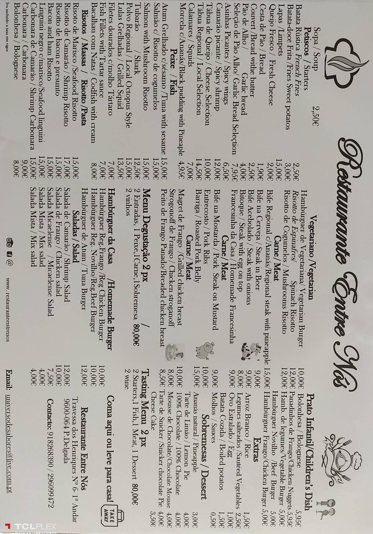 Carta del restaurante Entre nos, Distrito del Ponta Delgada