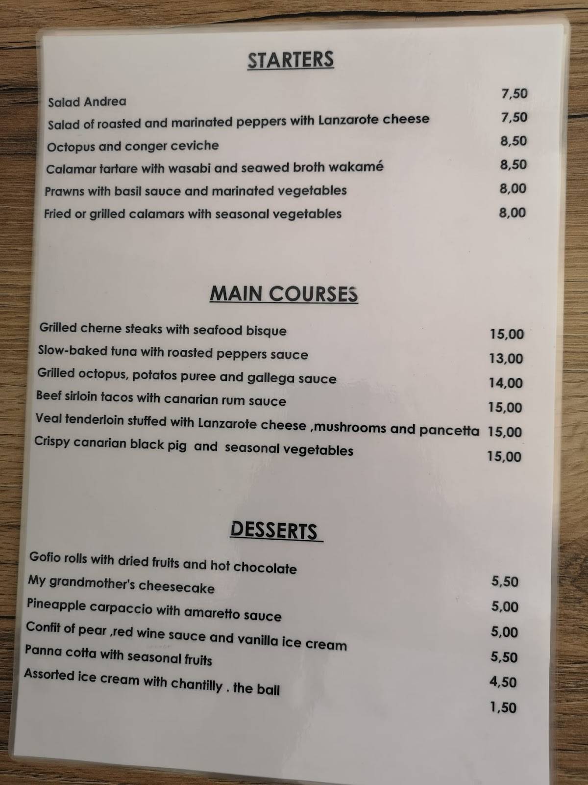 Menu at Restaurante Epicure, Playa Blanca