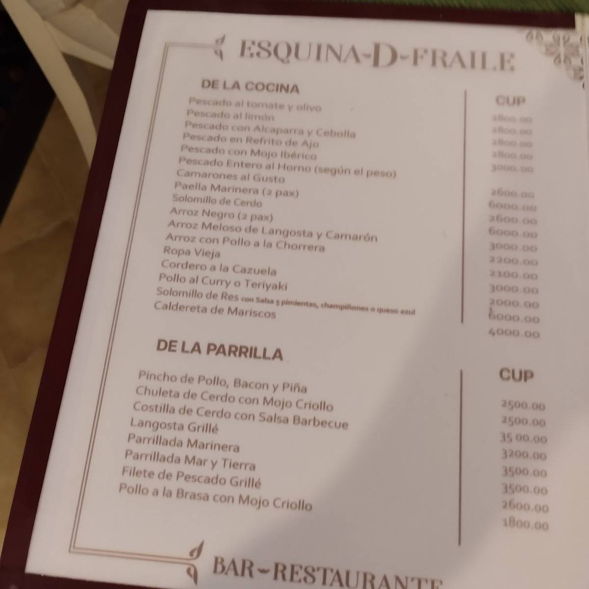 Carta de Restaurante Esquina-D-Fraile, La Habana