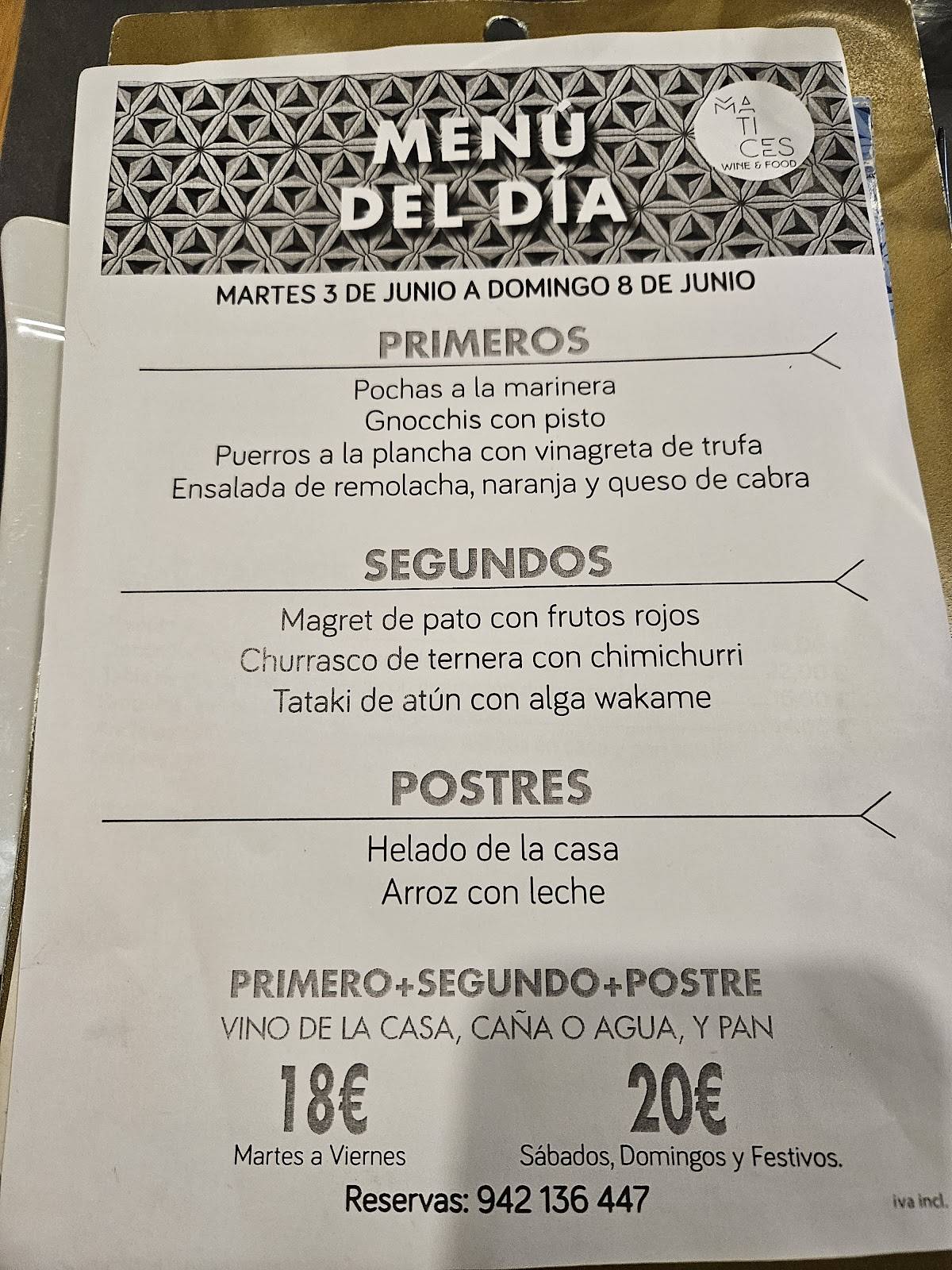 Menu at Restaurante Matices Santander, Santander
