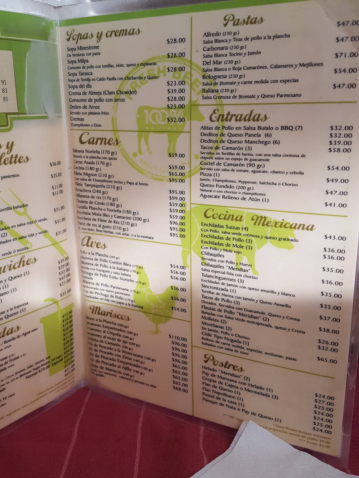 Carta de Restaurante Meridian, Tulancingo, Calle Luis M. Ponce Sur 402