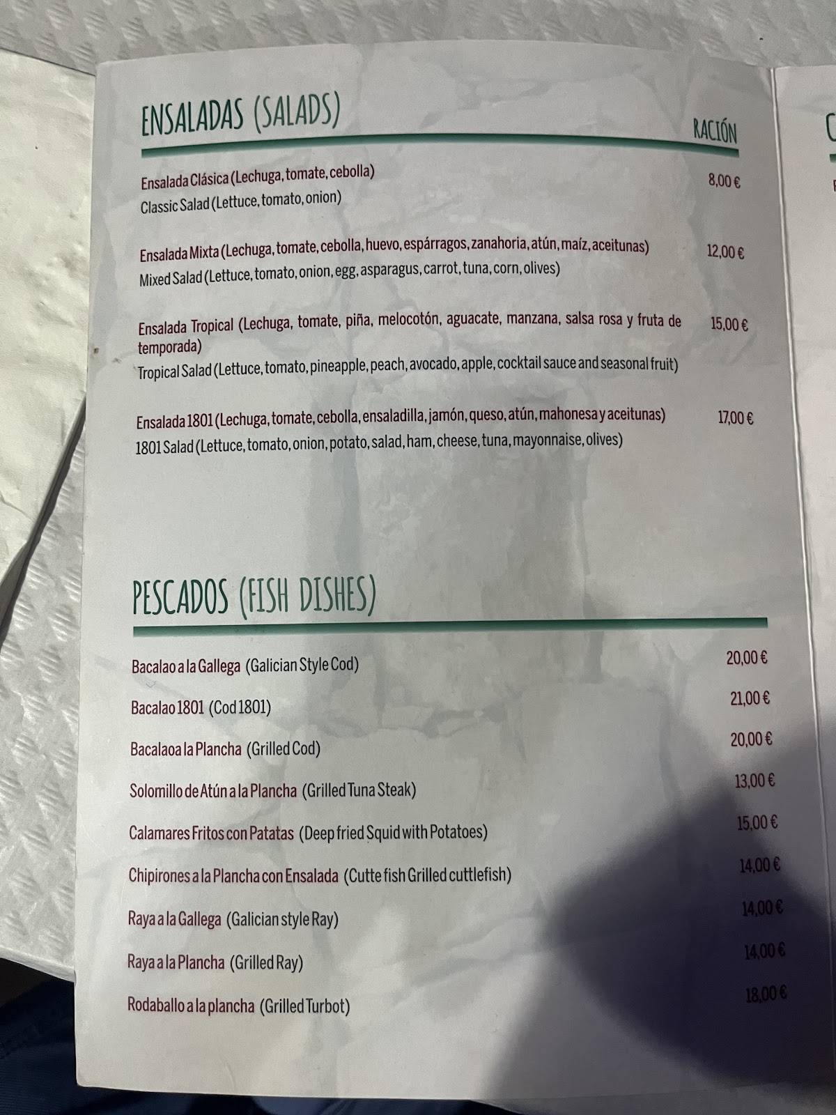 Carta de Restaurante Meson 1801, España