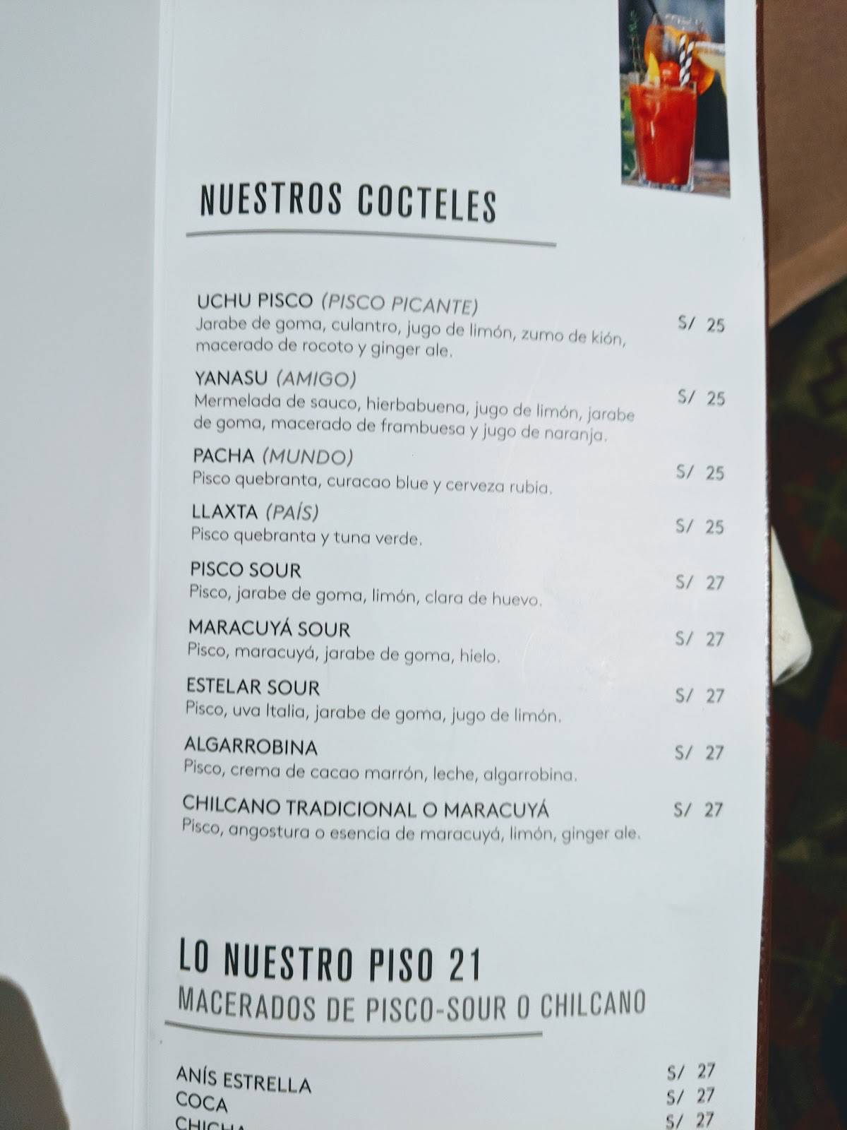 Carta de Restaurante Piso 21, Miraflores