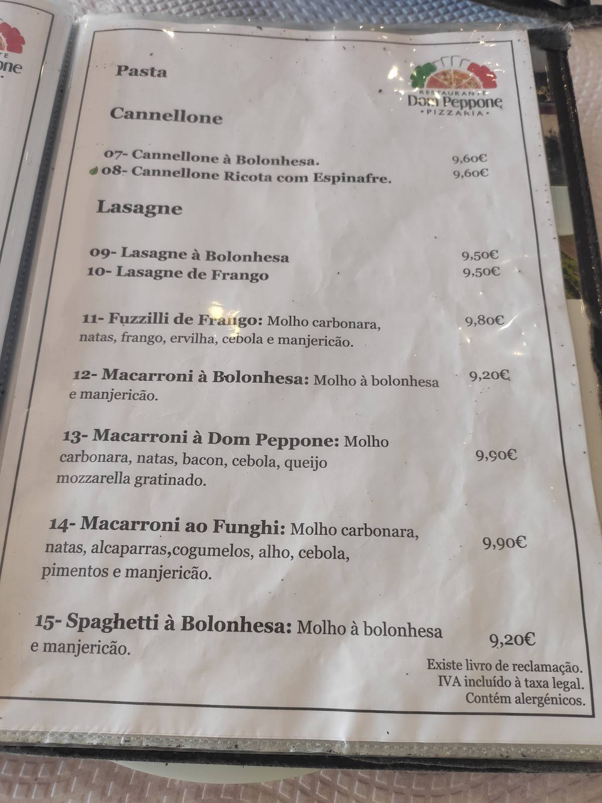 Menu em Pizzaria Dom Peppone, Setúbal