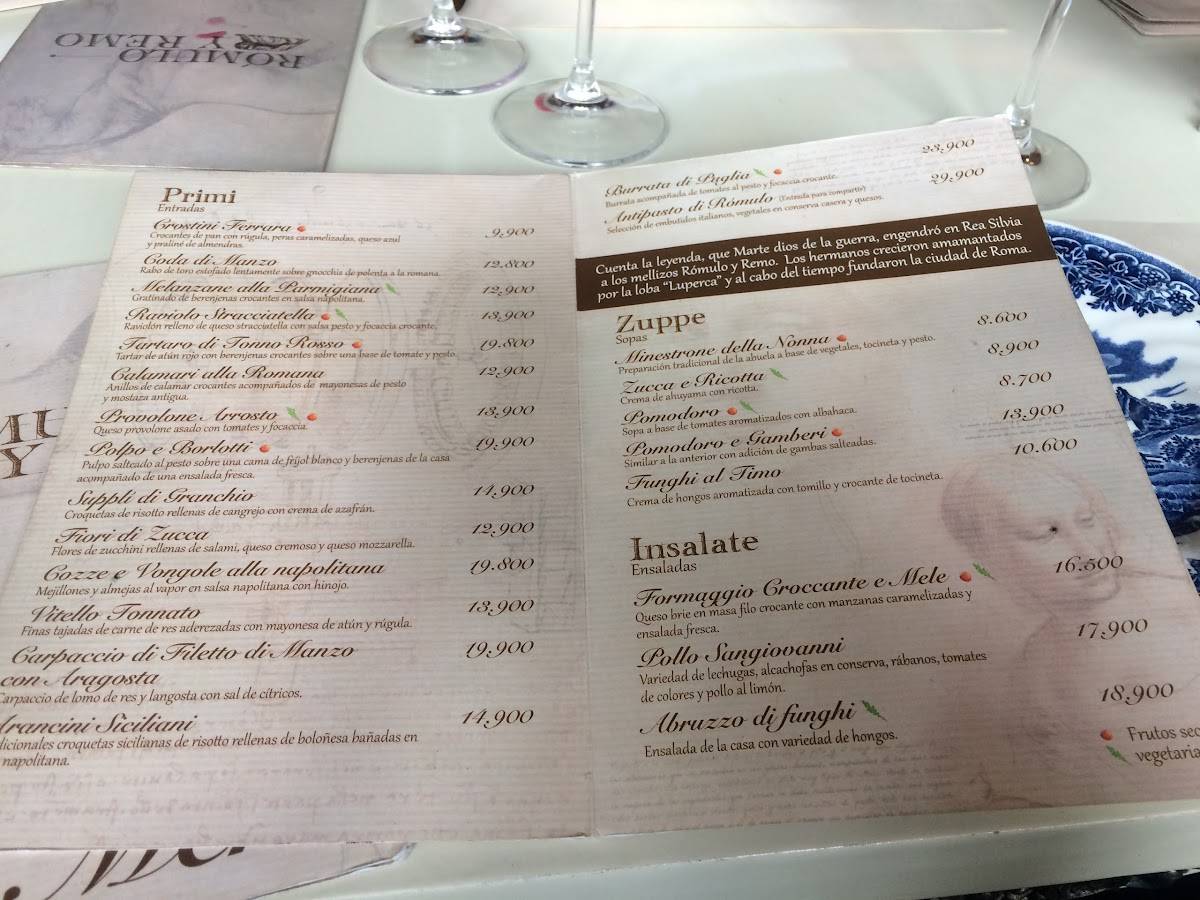 Carta de Restaurante Rómulo y Remo, Bogotá, Cl. 27 # 4 - 49